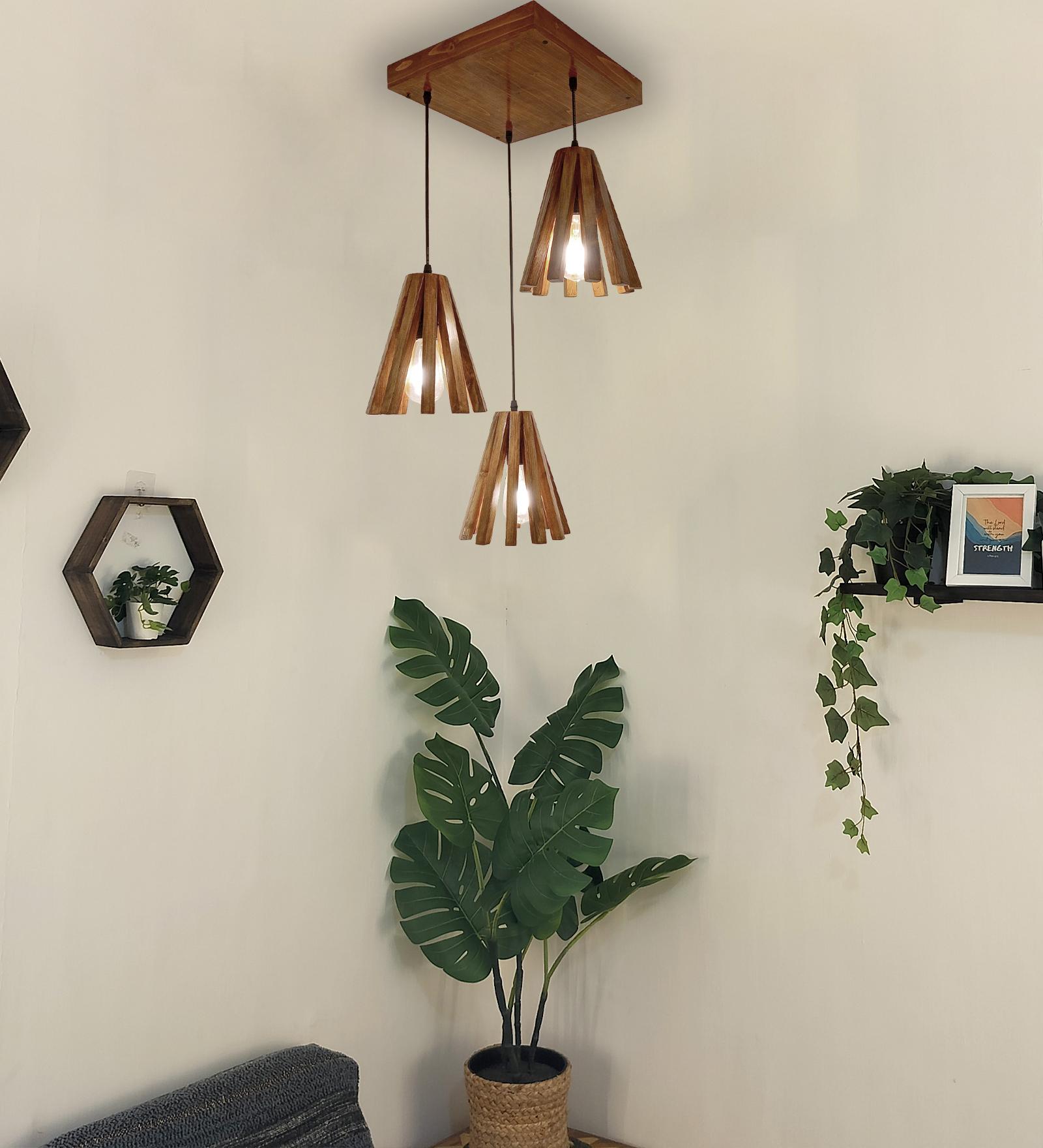 Taper Brown Wooden Cluster Hanging Lamp | Wooden Lamps by Woodfit